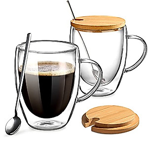 GMISUN Glass Coffee Cups, 2 Pack Double Wall Glass Coffee Mugs with Bamboo Lids, 12 Oz Clear Coffee Mug with Handle, for Ice Coffee/Tea/Hot Beverages/Cappuccino/Latte, Extra Spoons, Coaster