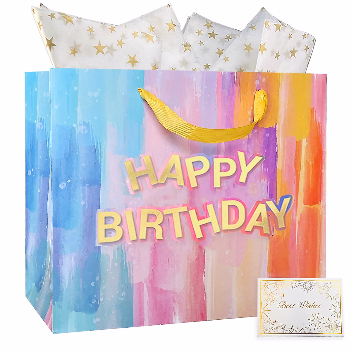 AMROSE 13'' Large Birthday Gift Bags with Card and Tissue Paper, Recyclable Paper Gift Bag for Birthdays and More, Macaron