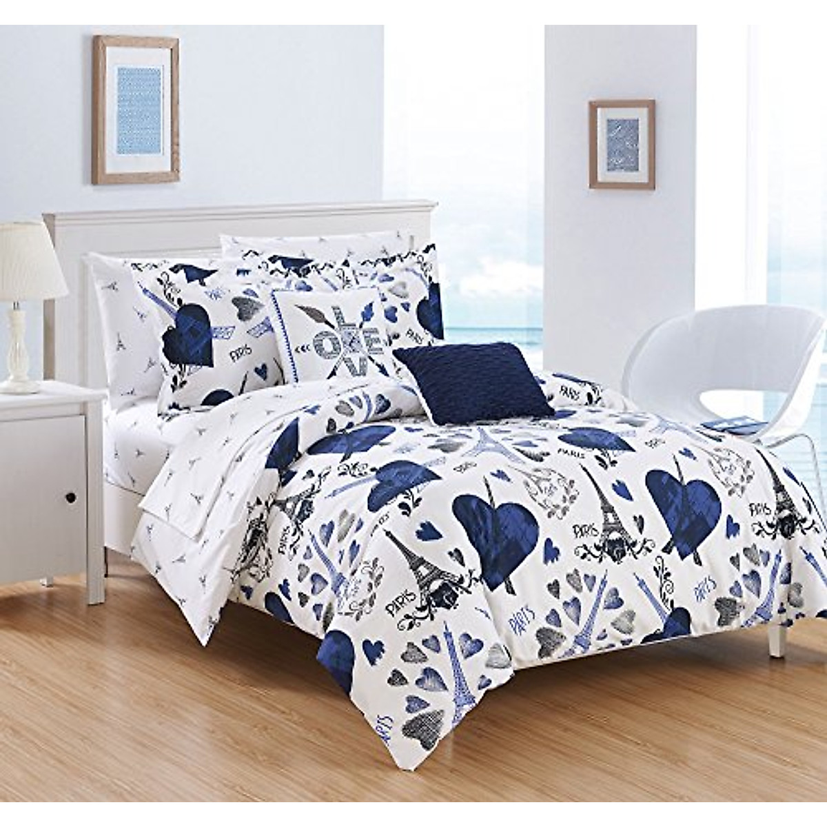 Chic Home Le Marias 9 Piece Reversible Comforter Paris is Love Inspired Printed Design Bed in a Bag-Sheet Set Decorative Pillows Shams Included Size, Queen, Navy