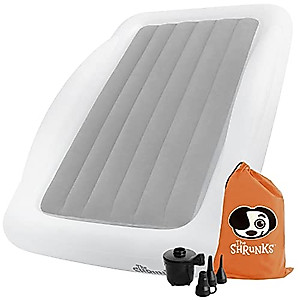 The Shrunks Toddler Travel Bed Portable Inflatable Air Mattress Blow Up Bed for Indoor/Outdoor Camping, Backyard, Hotel, or Home Use Kids/Toddler Floor Bed with Side Bed Rails and Electric Pump Grey