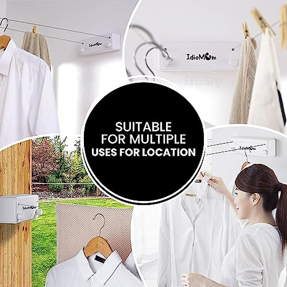 Idiomum Double Retractable Clothesline Indoor Outdoor 13.8 ft (2X) Heavy Duty Laundry Line with Stainless Steel String - Clothesline Retracting Indoor - Clothes Drying Line Holds up to 44 lb