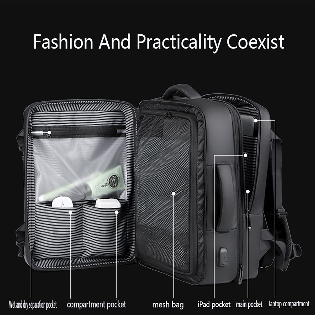 Elsegeod Hard Shell Gaming Backpack for Men，Anti Theft Waterproof Computer Bag with USB Port & Wet Pocket，Expandable Business Travel Carry On Luggage Backpack fit 15.6/16/17Inch Laptop ，silver