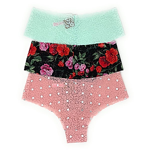 Victoria's Secret PINK Cheekster Panty Set of 3 Medium No Show Lace Mint/Black Floral/Pink Dot