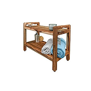 EcoDecors Teak Shower Bench 29" Wood Shower Seat Stool with Storage Shelf and LiftAide Arms, Eleganto Shower Bench for Indoors and Outdoors