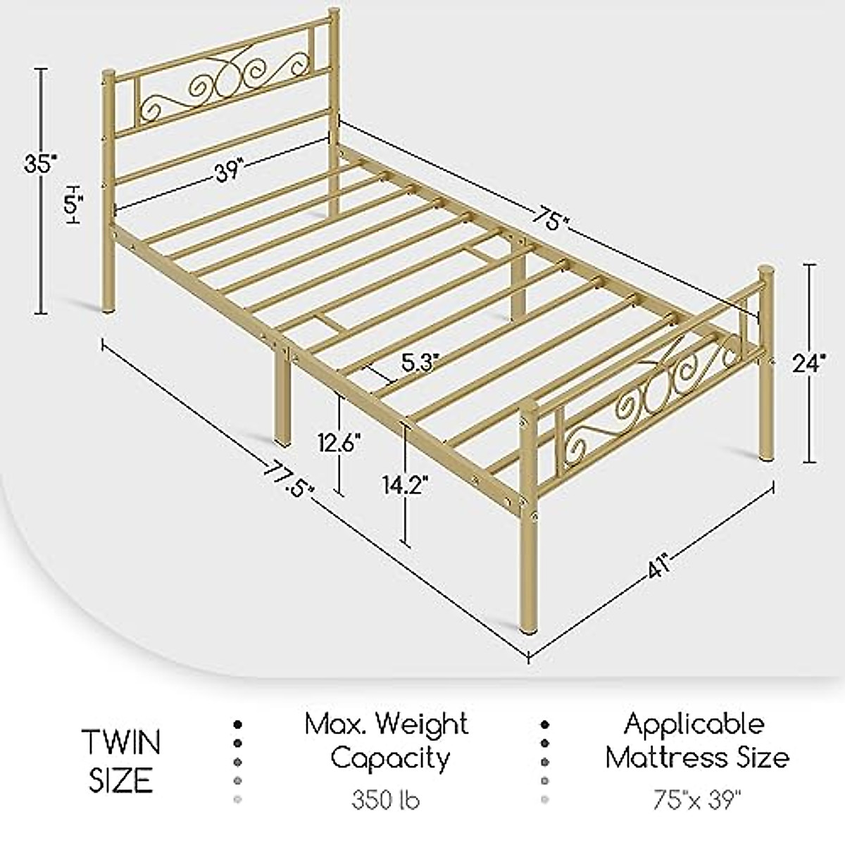 Yaheetech Twin Bed Frames Metal Platform Bed with Headboard and Footboard No Box Spring Needed Easy Assembly,Ground Clearance: 12.6''/Antique Gold/Twin Bed