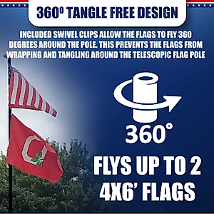 Service First Black Heavy Duty 25FT Telescoping Freedom Edition Residential Flagpole Kit - Anti Tangle Swivel Ring Design - Stainless Steel Clips - 100MPH Wind Tested