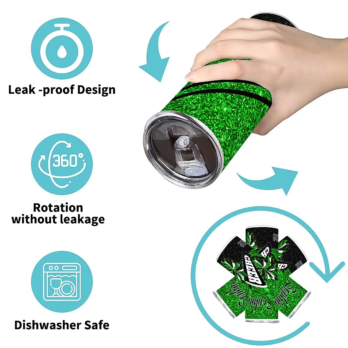 Ioracida Personalized Cheer Insulated Stainless Steel Tumbler with Lid and Straw, Casual Coffee Cup Mug for Cheerleader Coach, Custom Gifts for Cheer Mom Cheer Team, Green Glitter