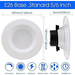 12 Pack 5/6 Inch 5CCT LED Recessed Downlight, Can Lights with Baffle Trim, Wet Rated, E26 Base, 10.5W=85W, CRI 90, Dimmable, Simple Retrofit Installation, Energy Star & ETL Listed