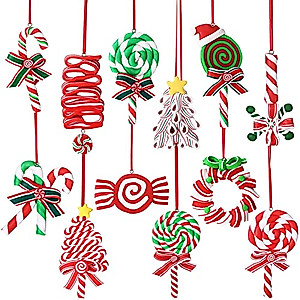 12 Pieces Christmas Lollipop Ornaments Sweet Candy Cane Christmas Hanging Decorations Mini Colorful Candy Props Pendants Peppermint Ornaments for Home Xmas Tree Party Supplies