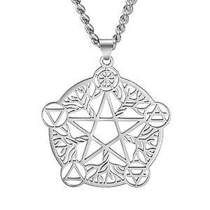TEAMER Tree of Life Pentagram Necklace Stainless Steel Pentacle Pendant Wicca Pagan Jewelry for Women (Steel)