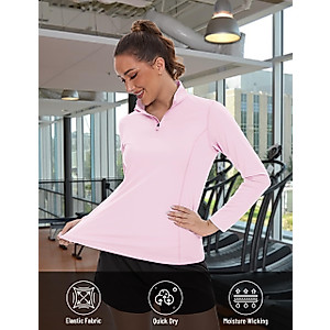 TACVASEN Women's Rash Guard Shirts Pink Workout Tops Long Sleeve Quarter Zip Pullover Womens UPF 50+ Golf Shirts, L