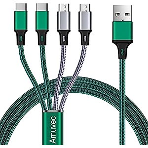 Amuvec Multi Android Charger Cable, [3A 4FT 2-Pack] 4 in 1 USB Fast Charging Nylon Braided Cord with 2 Micro USB 2 Type C Port, for Samsung Galaxy S22 S20 S9 S7 S6 J7, Huawei, Pixel, LG, Kindle, MP3