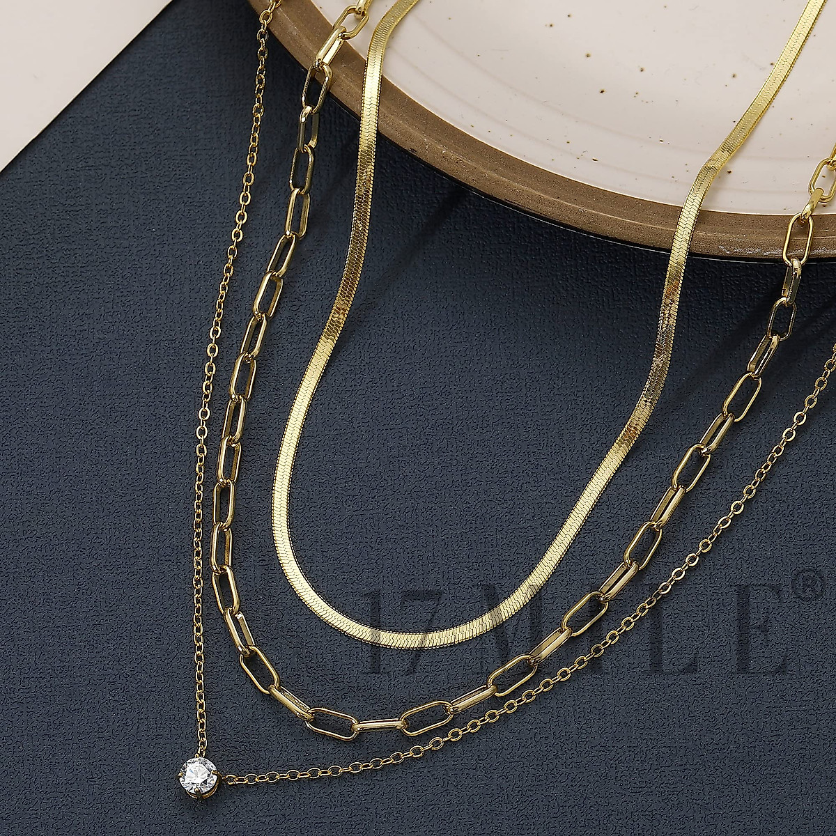 17 MILE Gold Layered Choker Necklace for Women, 14K Real Gold Plated CZ Pendant Necklace, Dainty Flat Snake Chain Layering Necklace