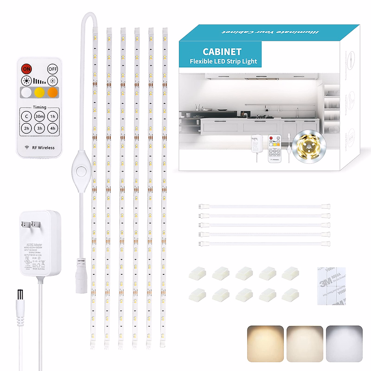 LLTOP Under Cabinet Lighting, Tunable White 3 Color 6 PCS LED Counter Strip Lights with Remote Control Dimmer and Adapter Dimmable Closet Lights Kit for Kitchen, Bedroom, Shelf, Showcase, TV Back