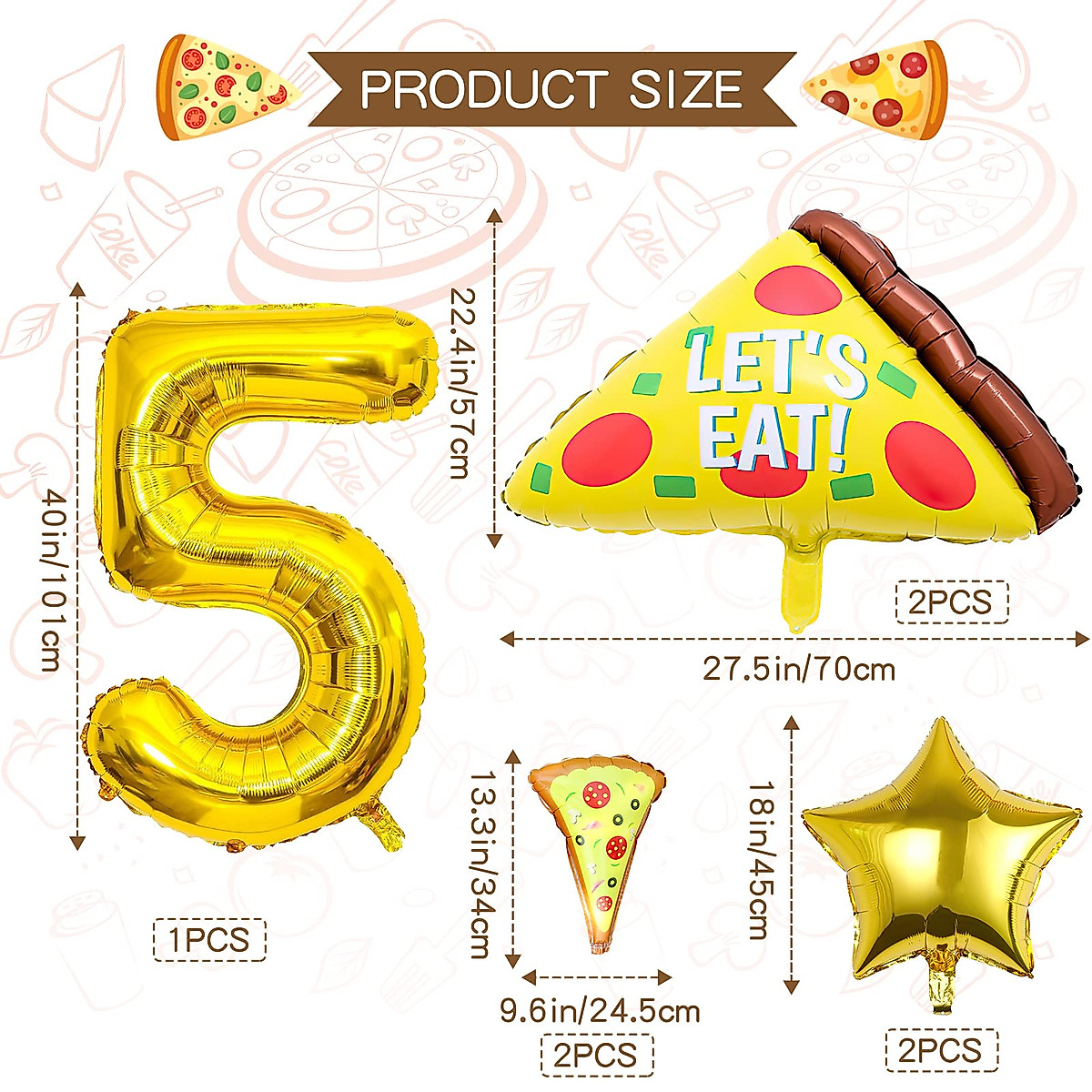 7pcs Pizza Balloons, Pizza Birthday Number Mylar Foil Balloon Pizza Slice Party Supplies Pizzaria Birthday Decorations (5th)