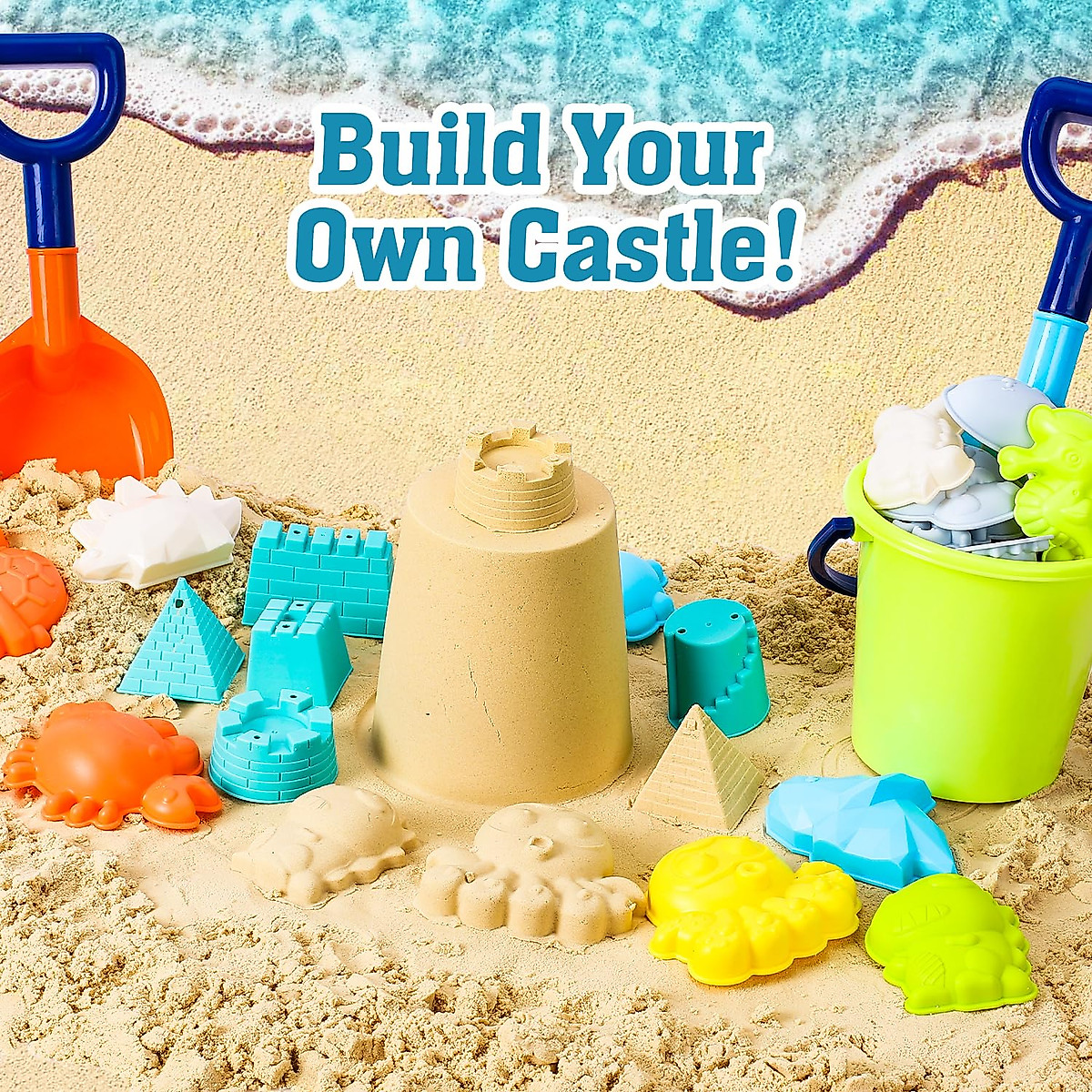 TOY Life 30 Pcs Beach Sand Box Toys for Kids Toddlers 3 6 8 12, Sand Castle Kit Toys for Beach, Sandbox Toys, Sand Castle Molds, Travel Beach Toy Set, Sand Bucket and 2 Shovel for Kids with Mesh Bag