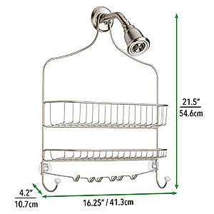 mDesign Metal Wire Tub & Shower Caddy, Hanging Storage Organizer Center with Built-In Hooks and Baskets on 2 Levels for Shampoo, Body Wash, Loofahs - Satin