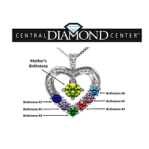 Central Diamond Center Mother & Child Heart Birthstone Necklace 1-6 Stones w/ 22" Adj. Box Chain -Silver Platinum Plated