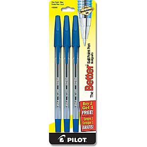 PILOT The Better Ball Point Pen Refillable Ballpoint Stick Pens, Fine Point, Blue Ink, 2-Pack + 1 Bonus (35006)