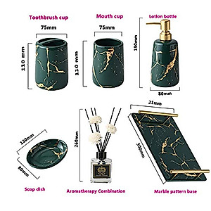 BREFIO Soap Dispenser Set，Contains Toothbrush Cup, Tray, Mouthwash Cup,Aromatherapy Combination ，soap Dish，7 Piece Ark Green Ceramics Soap Dispenser Set，Bath Accessories Set,Set in Marble Look, Whit
