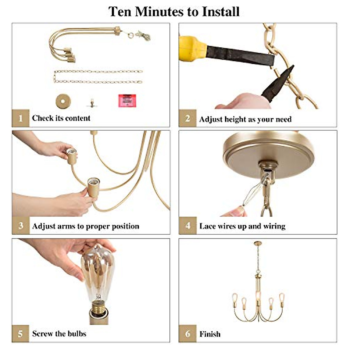 KSANA Large Gold Chandelier, 5-Light Modern Light Fixture for Dining & Living Room, Bedroom, Foyer and Entryway（25” Diameter X 26” Height）