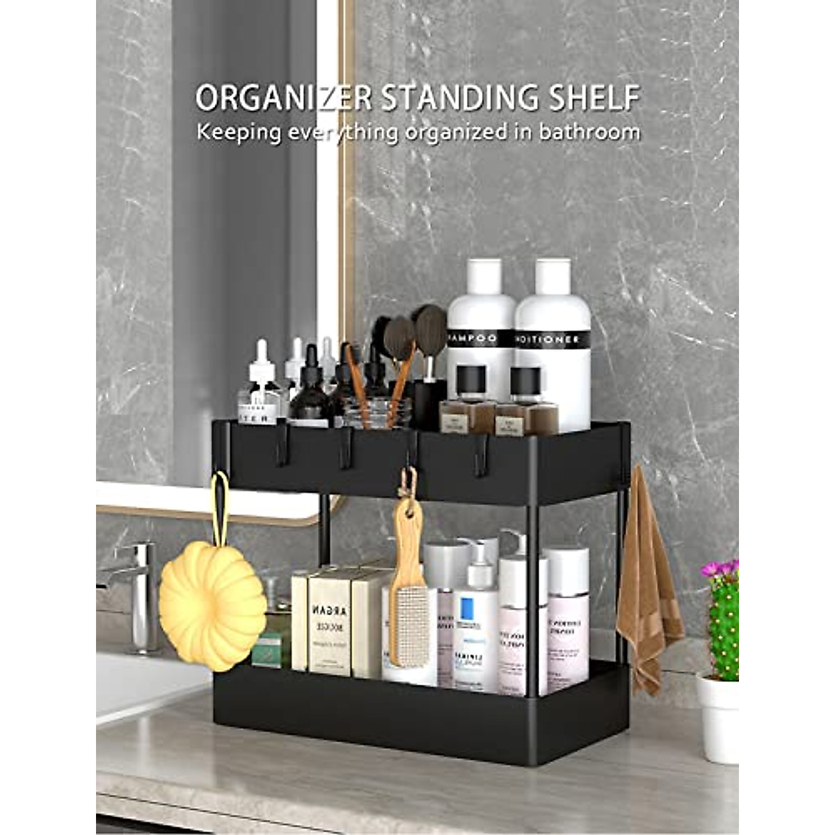 Axbima 2 Tier Under Sink Organizer, Under Bathroom Sink Storage, Under Kitchen Sink Shelf Rack with 2 Hanging Cups & Hooks for Cabinet Countertop Bathroom Laundry Garages (Black)