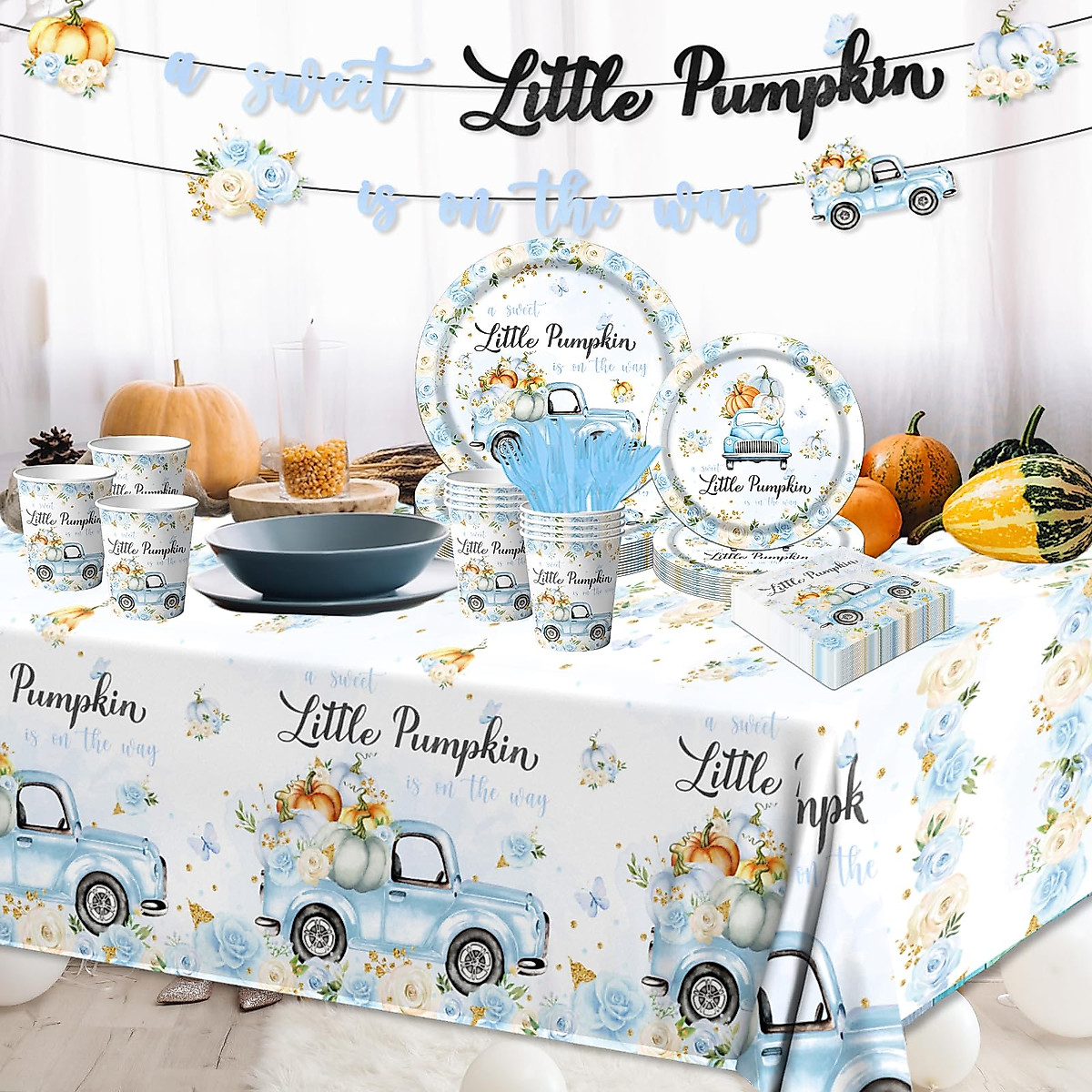 Little Pumpkin Baby Shower Decorations Tableware,142Pcs A Sweet Little Pumpkin is On The Way Boy Blue Floral Truck Disposable Tablecloth,Plates,Napkins for Autumn Fall Thanksgiving Party Supplies