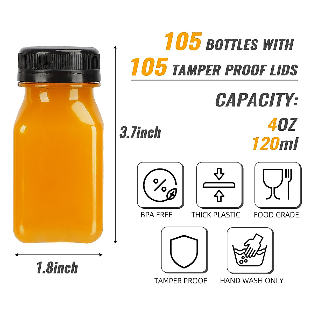 TOMNK 105pcs 4oz Shot Bottles with Caps, Reusable Mini Juice Bottles with Lids, Labels, Funnel and Brush Beverage Containers for Juicing, Milk and Beverages