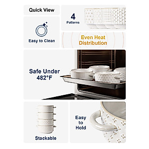 LE TAUCI Soup Bowls with Handles, 20 oz French Onion Soup Crocks, Stackable Soup Bowl Oven Safe for Chili, Beef Stew, Embossment Ceramic Bowl Set - 5.4 Inch, Set of 4, Arctic White