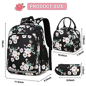 School Backpack Girls Floral Bookbag Teens Water-resistant Schoolbag Kids Insulation Lunch Bag and Pencil Case