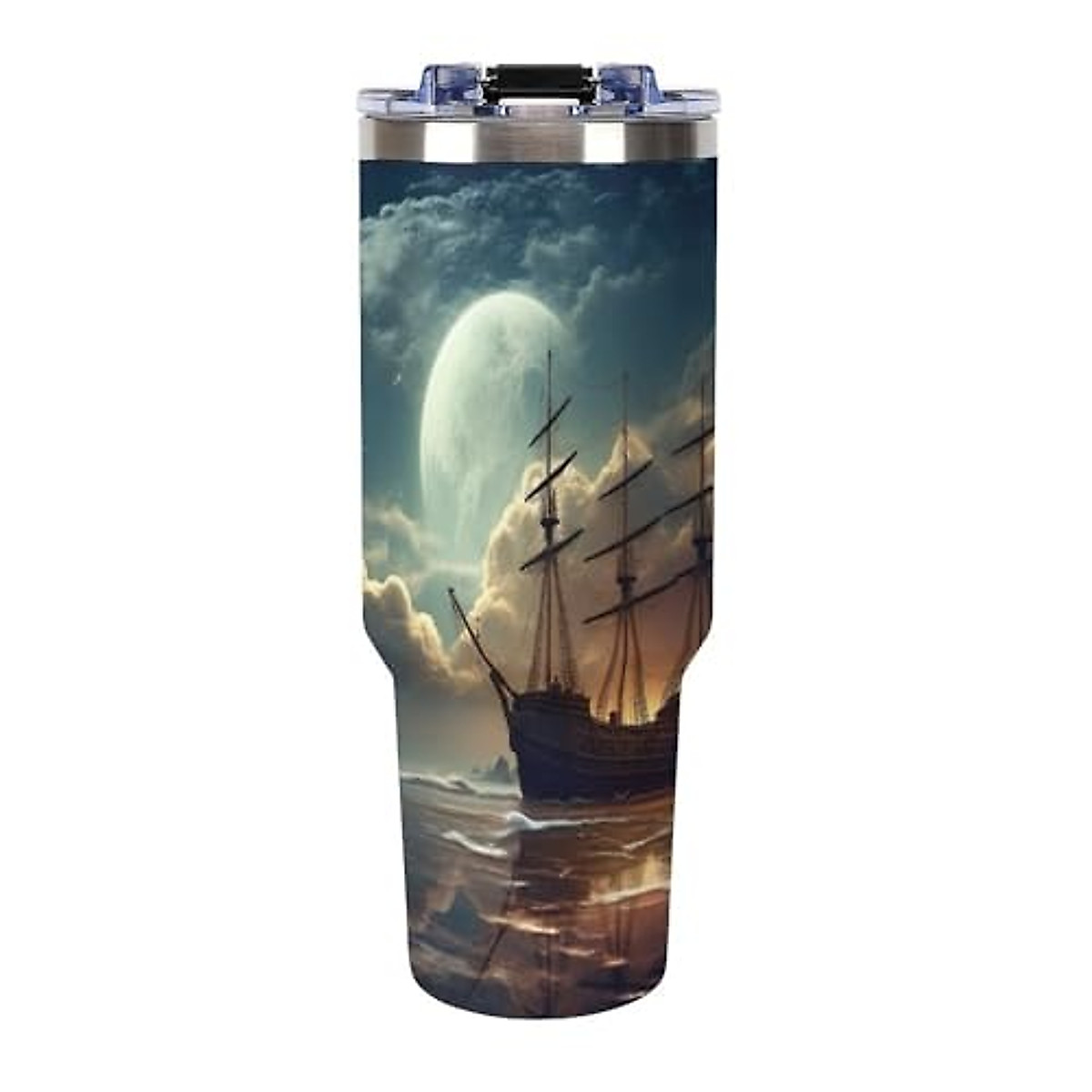 40 Oz Sailing Ship Insulated Stainless Steel Tumbler with Handle & Straw Lid, Reusable Travel Cupholder Friendly Mug for Coffee, Water, Tea