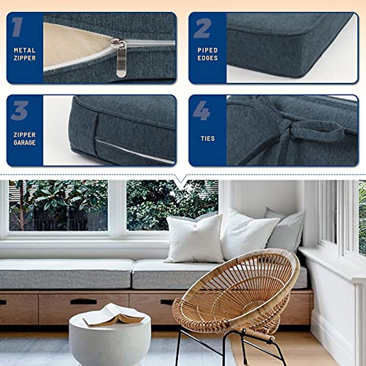 sutailocus Bench Cushion Double Piping Indoor/Outdoor Bench Cushion Bench Cushions for Indoor Furniture, Indoor Window/Piano/Porch Swing Cushion with Adjustable Ties (30x14x3, Deep Blue)