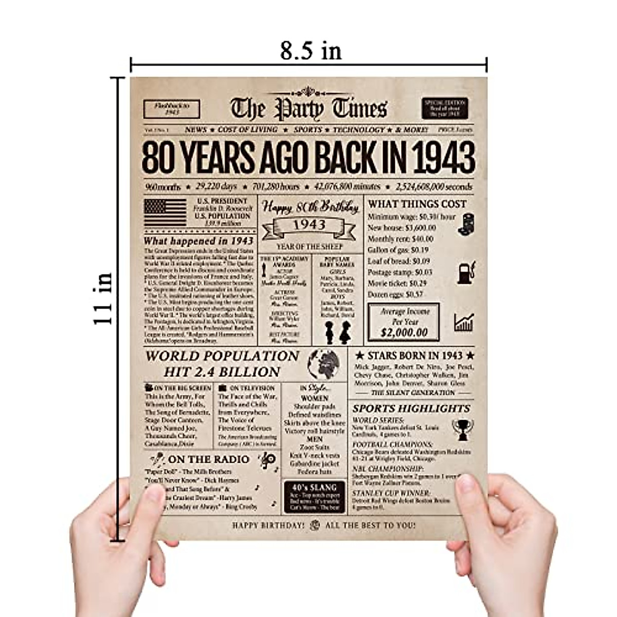 Happy 80 Years Old Birthday Card for Mom Dad, Jumbo Back in 1943 Birthday Card for Grandma Grandpa, 80th Birthday Gift for Old Men Women