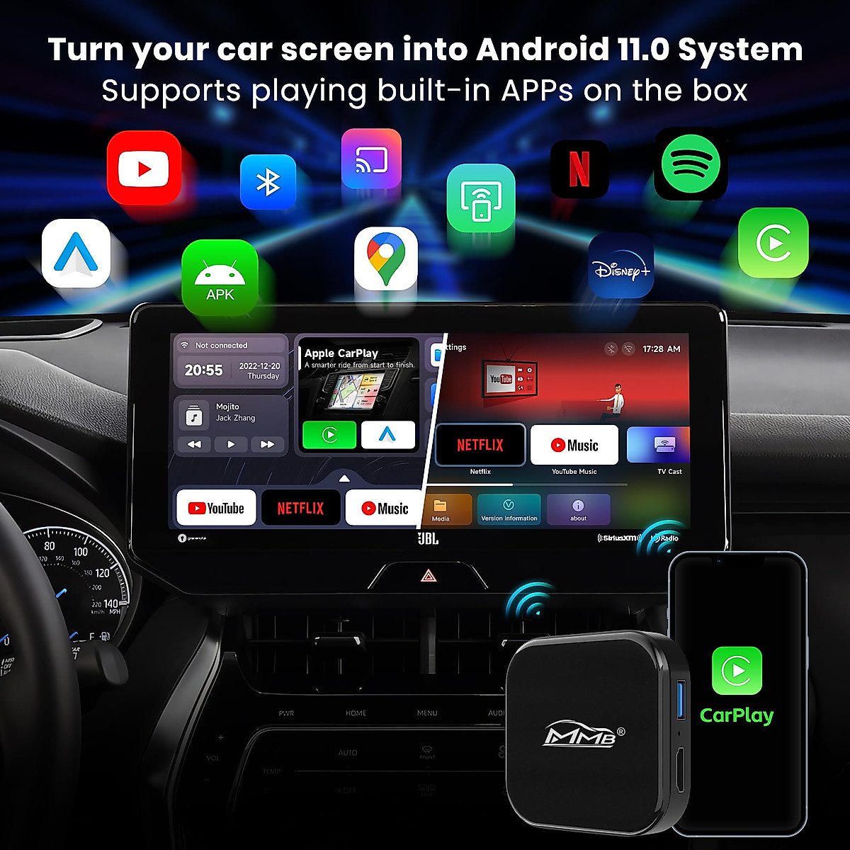 MMB Wireless CarPlay Adapter & Android Auto Wireless, Magic Box, Black, WiFi, HDMI, USB, Voice Control, YouTube, Netflix, World TV, Mirroring, 1080p, Apple, Google, Television, Smartphone