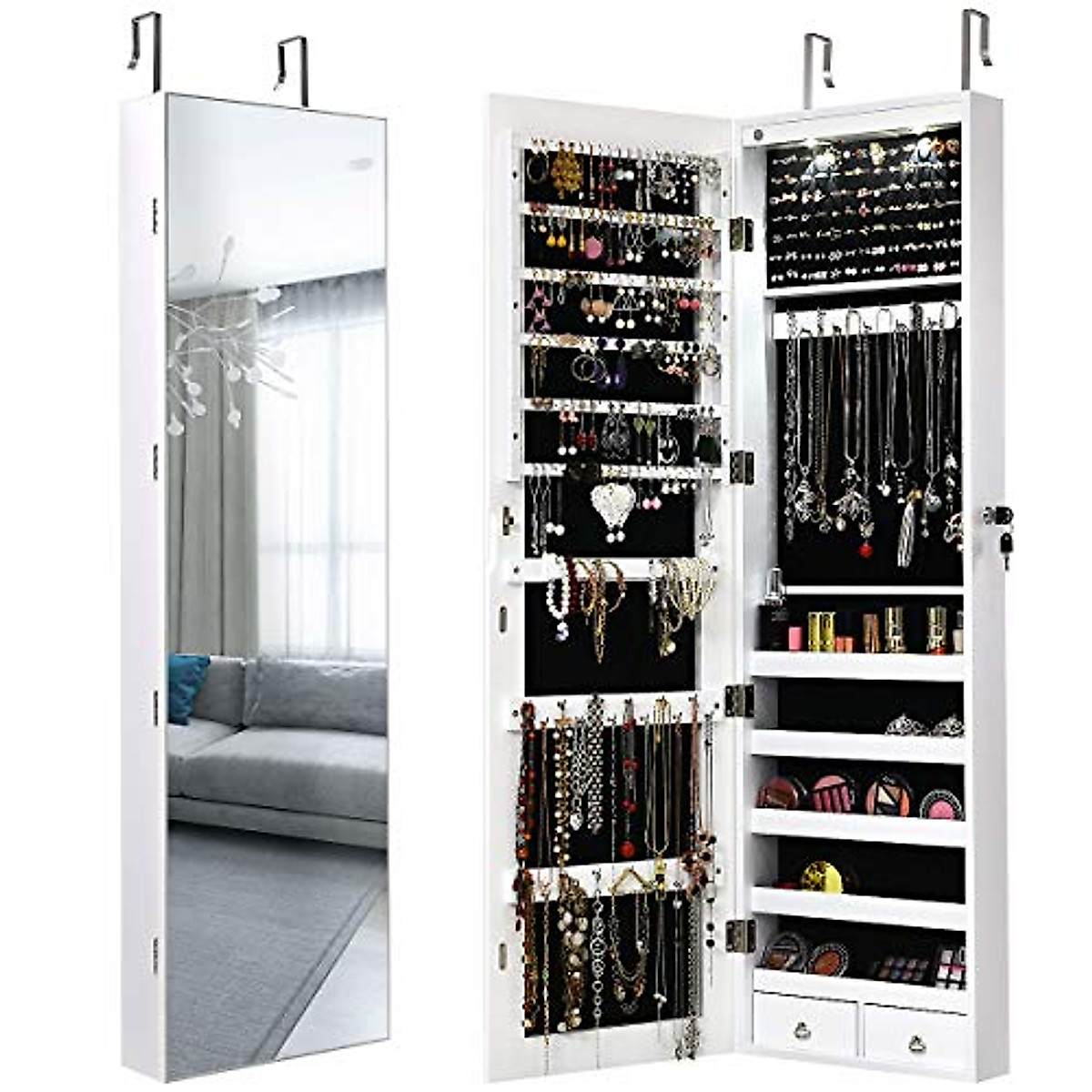 Giantex Wall Door Jewelry Armoire Cabinet with Full-Length Mirror, 2 LEDs Lockable Large Storage Jewelry Organizer with 47.5'' Mirror, Makeup Pouch, Bracelet Rod, Jewelry Amoires with 2 Drawers (White)