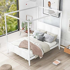 AMFSQJ Queen Size Canopy Bed Frame with Headboard and Footboard, White Canopy Platform Bed with Slat Support Leg