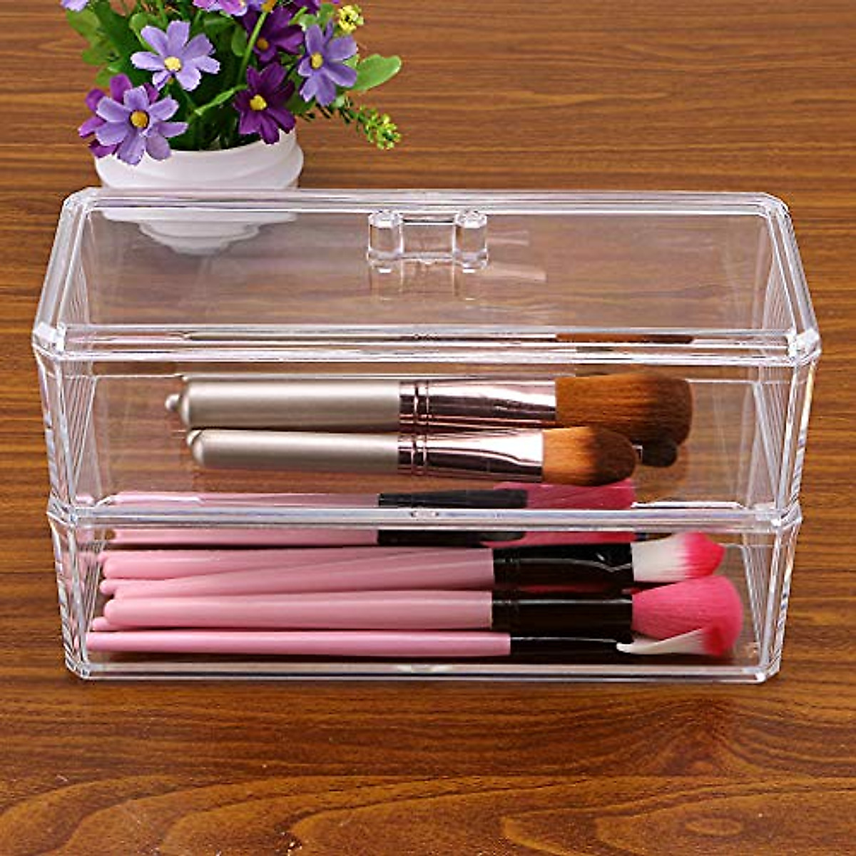 Hipiwe Clear Acrylic Make Up Organizer Box Double Deck Dresser Container Case with Lid for Jewelry Cosmetic Bathroom Storage Holder for Cotton Ball and Swab, Cotton Pad, Q-tip (2 Compartment)
