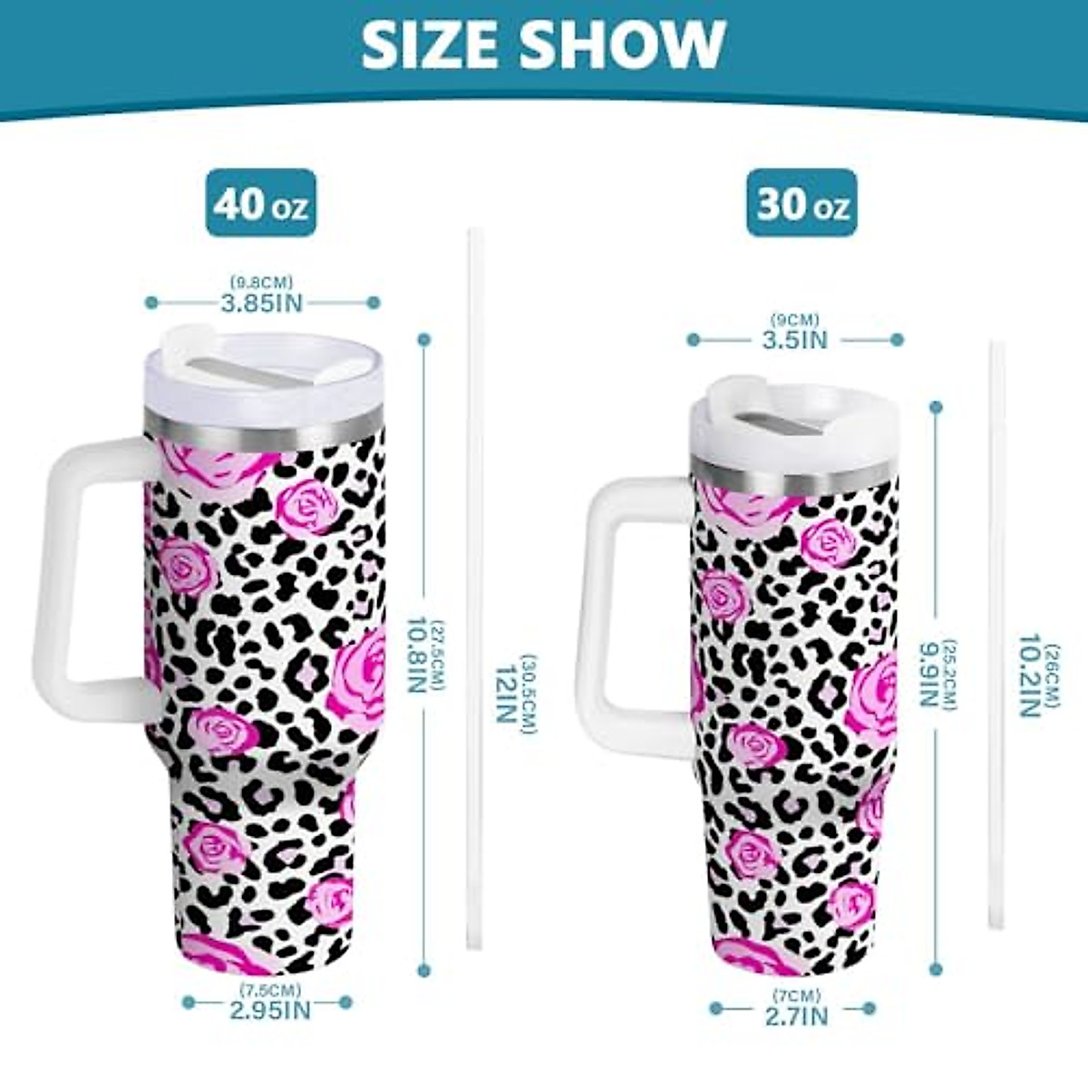 RPLIFE Pink Roses Leopart Print Tumbler Cup, Stainless Steel Coffee Cup, Insulated Cups with Lids, Tumbler for Men