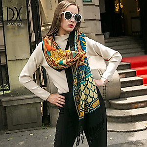 DANA XU 100% Merino Wool Extra Large Pashmina Blanket Travel Scarf Cashmere Wrap for Women Fall Winter Oversize Shawl Floral