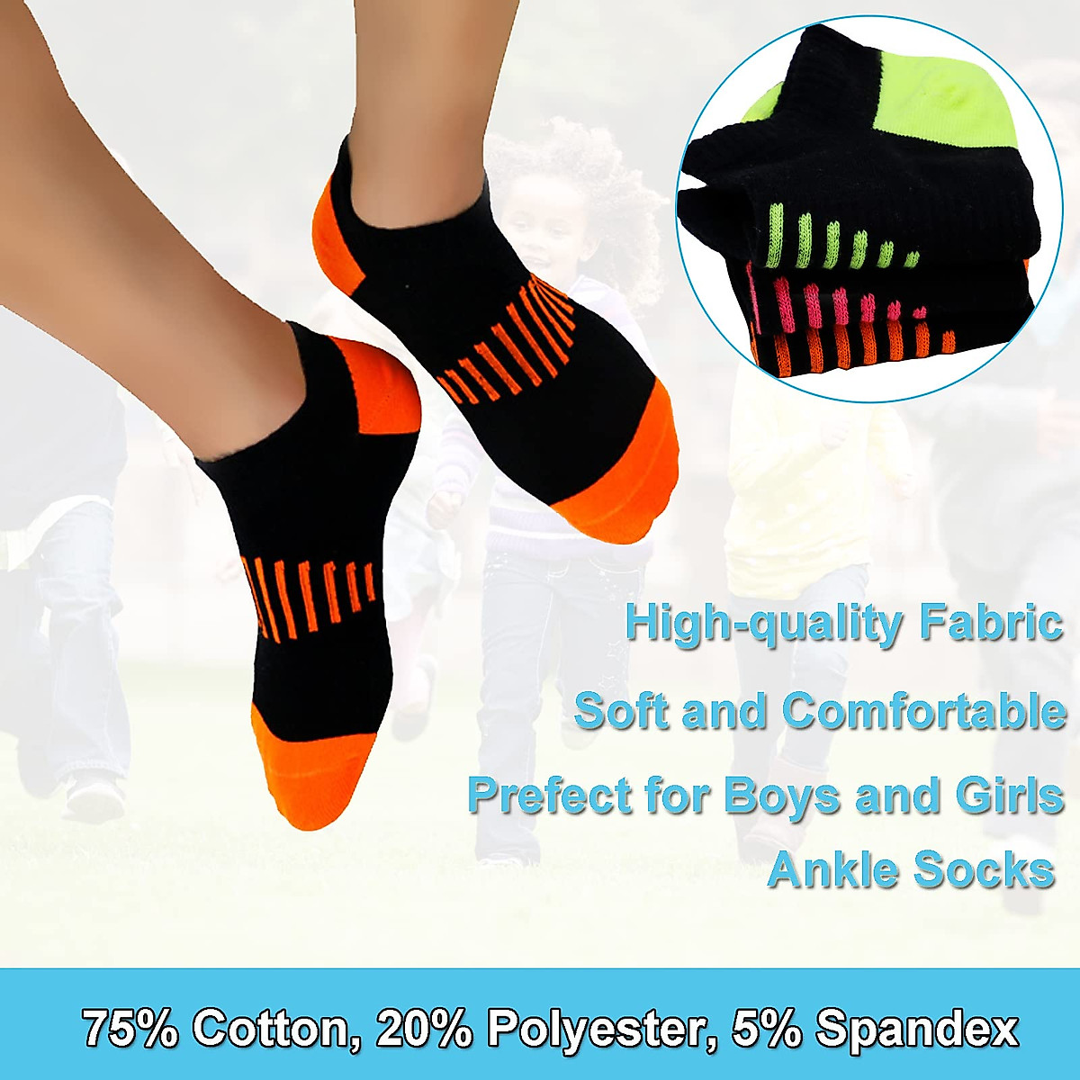 Tsmollyu Boy Socks 12 Pairs Ankle Athletic Cotton Socks Half Cushioned Low Cut Socks For Little Big Kids Age 3-10(7-10 Years)