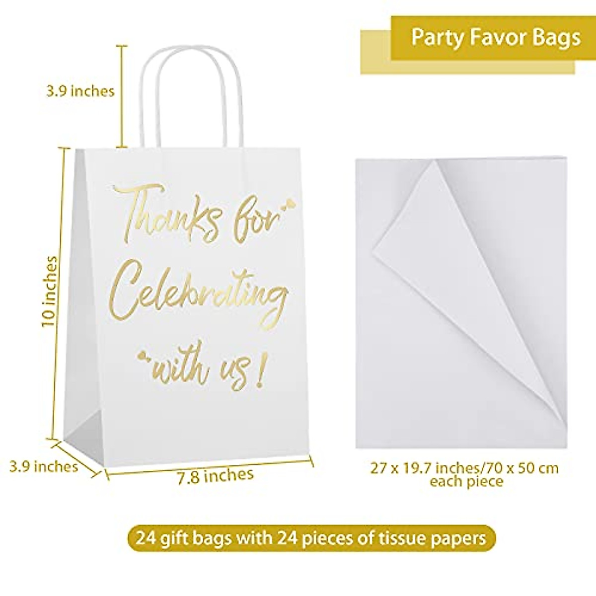 Cooraby 24 Pack White Kraft Paper Bags with Handles Thanks for Celebrating with Us Bags Party Favor Bags Medium Gift Bags Party Favor Bags with Tissue Papers for Birthday, Wedding, Baby Shower