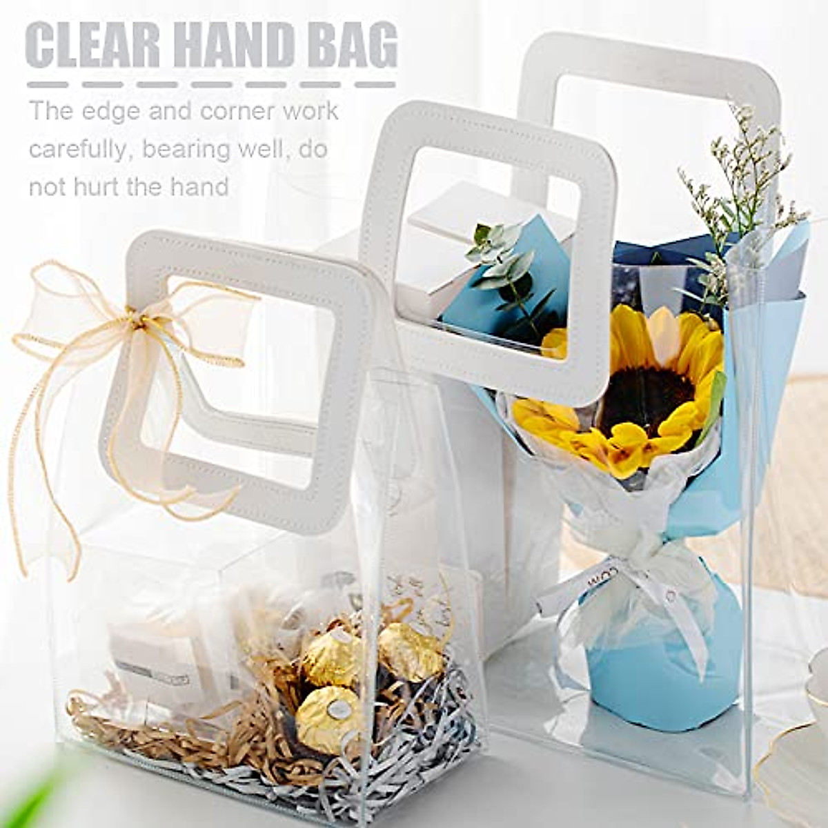 Tecmisse 5 Pcs Clear Gift Bag with Handle, Small Transparent Gift Wrap Bags, Reusable Shopping Bags with Handle for Wedding, Baby Shower Birthday, Bridal Party, Goody Bag (7 x4 x 8 Inch)