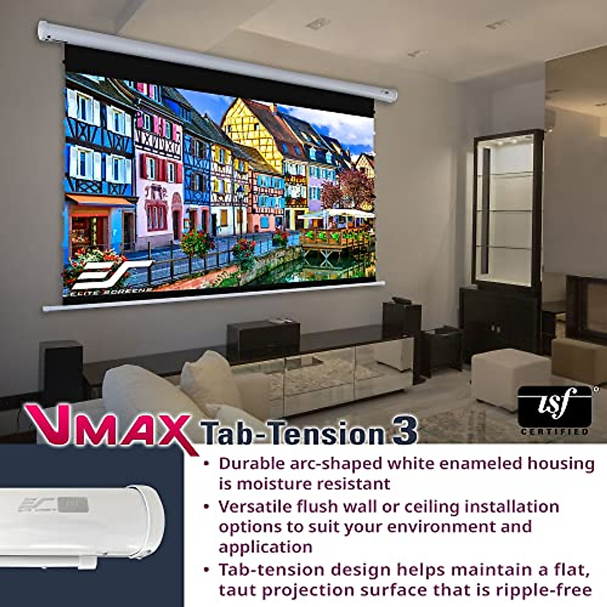 Elite Screens VMAX Tab Tension 3 Series, 110-INCH Electric Motorized Projector Screen CineWhite ISF Material Movie Home Theater, VMAXT110XWH3