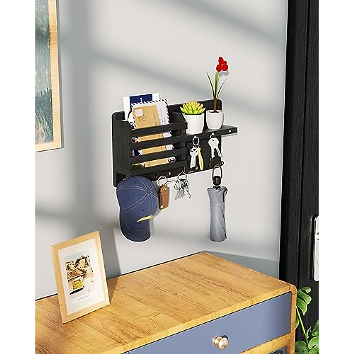 SWTYMIKI Mail Holder for Wall with Magnet Hanging, Rustic Wooden Key Holder with Key Hooks Wall Mounted Key Hanger Organizer for Entryway, Mudroom, Hallway, Living Room and Office, Black