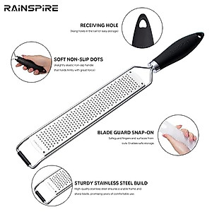 Rainspire Zester Grater with Handle, Lemon Zester Cheese Grater for Kitchen Stainless Steel, Parmesan Cheese Garlic Nutmeg Chocolate Fruits Vegetables Ginger Grater, Fine, Black