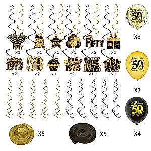 50th Birthday Decorations for Women and Men,50PCS Birthday Decorations Black Gold Party Supplies Hanging Swirls for Men Women, 50 Years Old Birthday Ceiling Hanging Decor with 10 Balloon (50th)