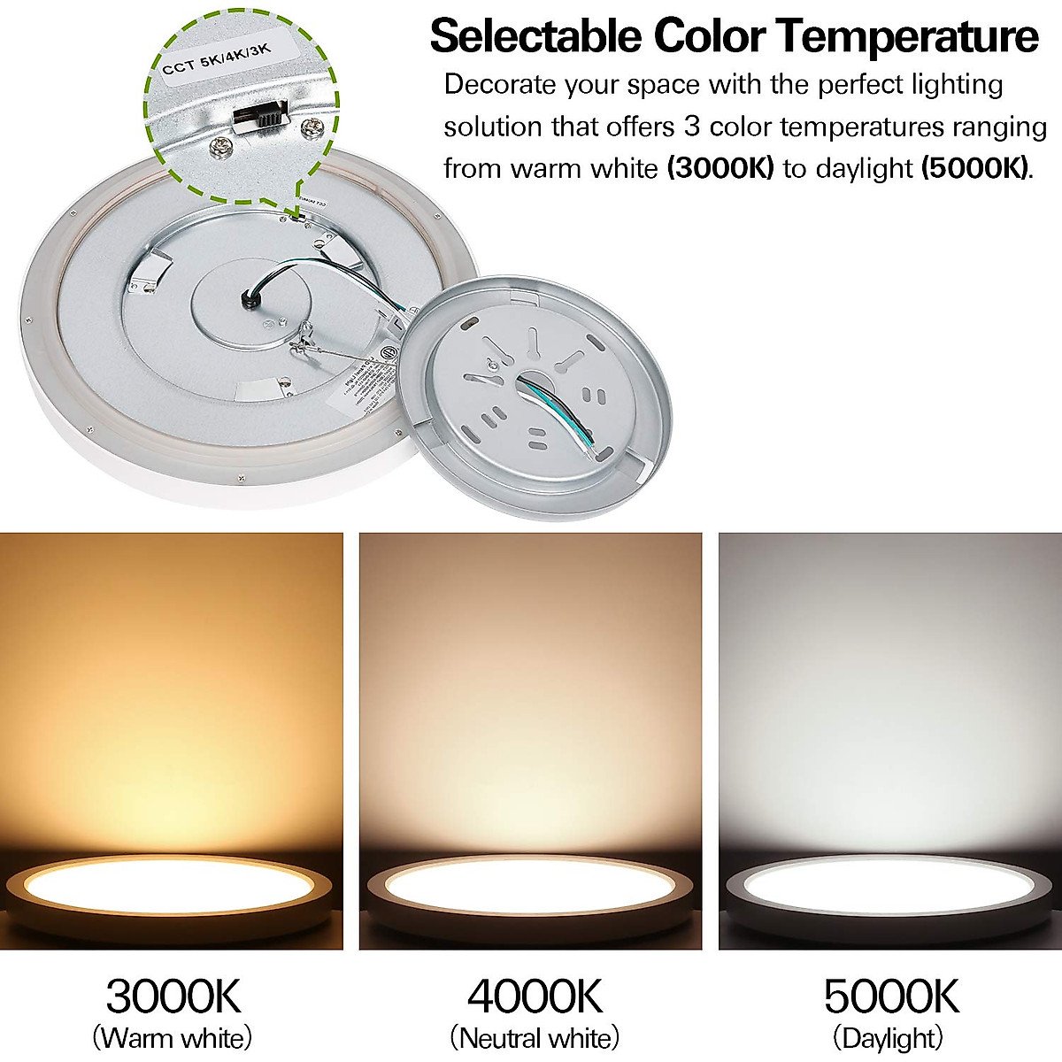 13 Inch LED Flush Mount Ceiling Light with Night Light, 24W, 2400lm, 3000K/4000K/5000K Selectable, Round Flat Panel Light, Dimmable Fixture for Dining Room, Bedroom, Kitchen, Hallway