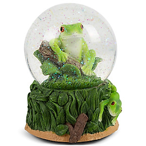Elanze Designs Playful Green Tree Frog Tabletop Figurine Forest Hopping Log Leaves 100MM Sturdy Glitter Water Wind Up Musical Snow Globe Plays Tune Beautiful Dreamer