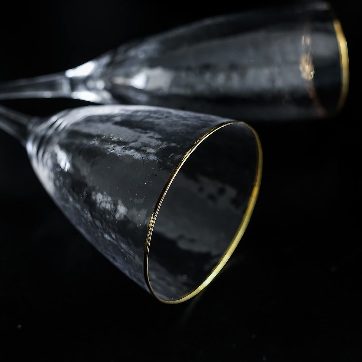 1500° C TABLETOP Wine Glasses Set of 4, 12 oz. Long Stemmed Gold Rim Hammered Glasses for White and Red Wine