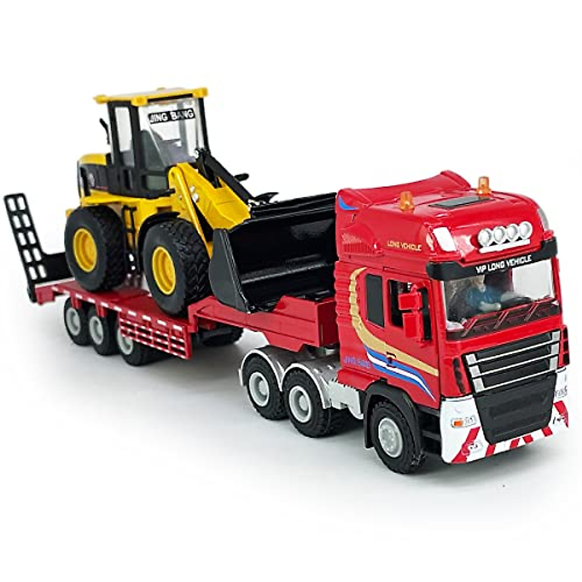 Flatbed Truck Toy with Excavator Loader Tractor Bulldozer Semi Tow Truck Transport Trailer Metal Diecast Construction Vehicles 2 in 1 Vehicle Playset Friction Powered Toy Trucks for Boys Kids Gift red